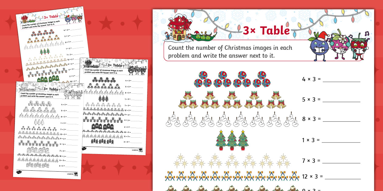 👉 Christmas Themed 3 Times Table Worksheet (teacher made)