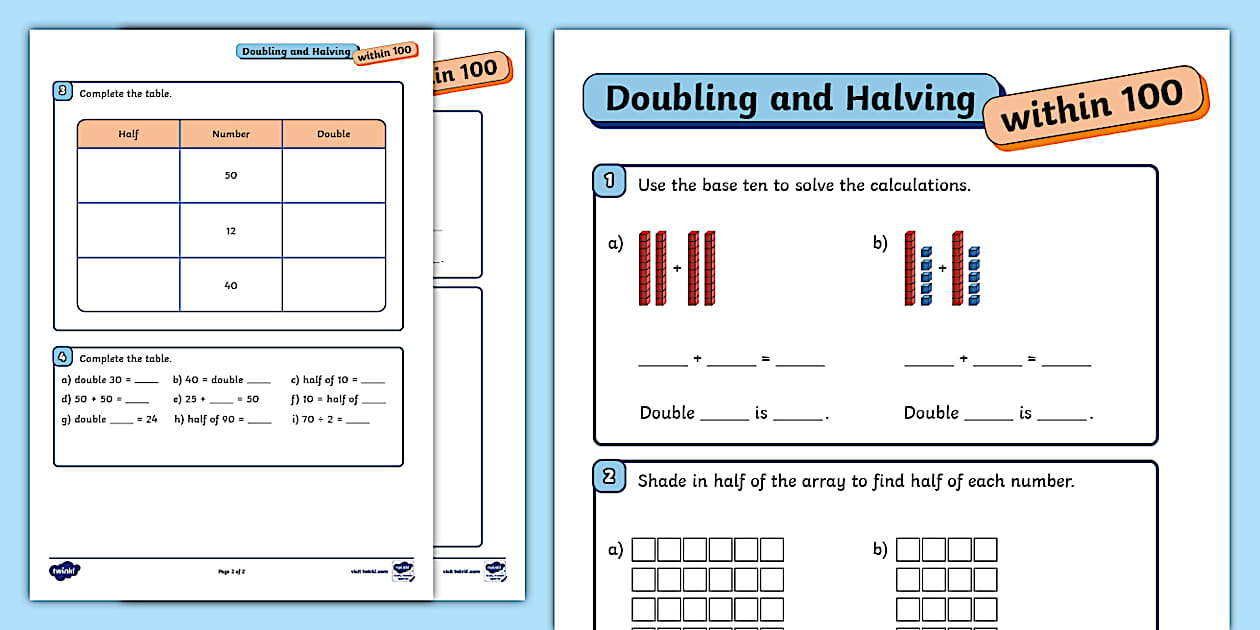 👉 KS1 KIRF Doubling and Halving within 100 Activity Sheet