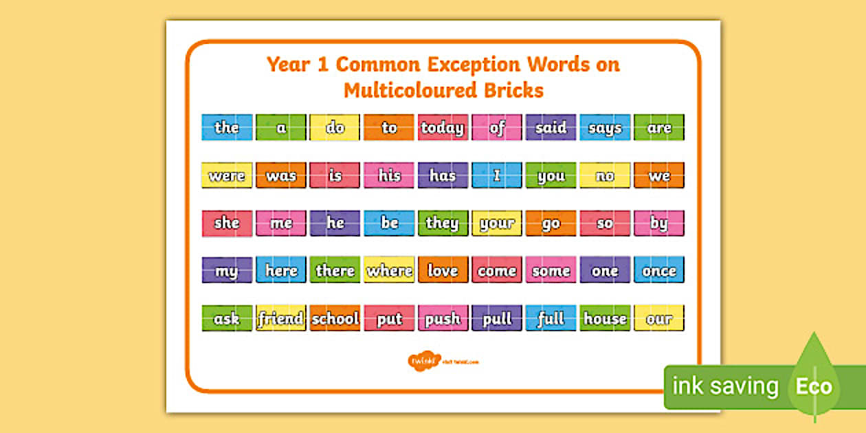 Editable Year 1 Common Exception Words on Multicoloured Bricks Word Mat