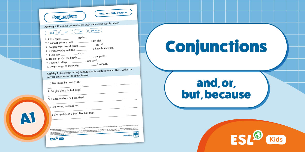 ESL Conjunctions Activity Sheet [Kids, A1]