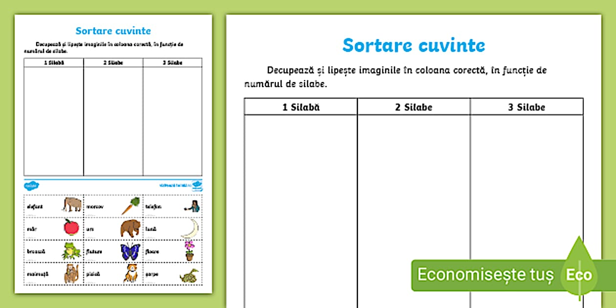 Sortează cuvintele după numărul de silabe – Fișă de lucru