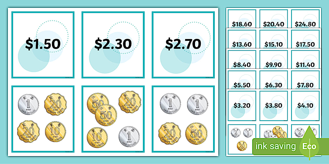Hong Kong Money - Match decimal numbers to dollar and cent coins.