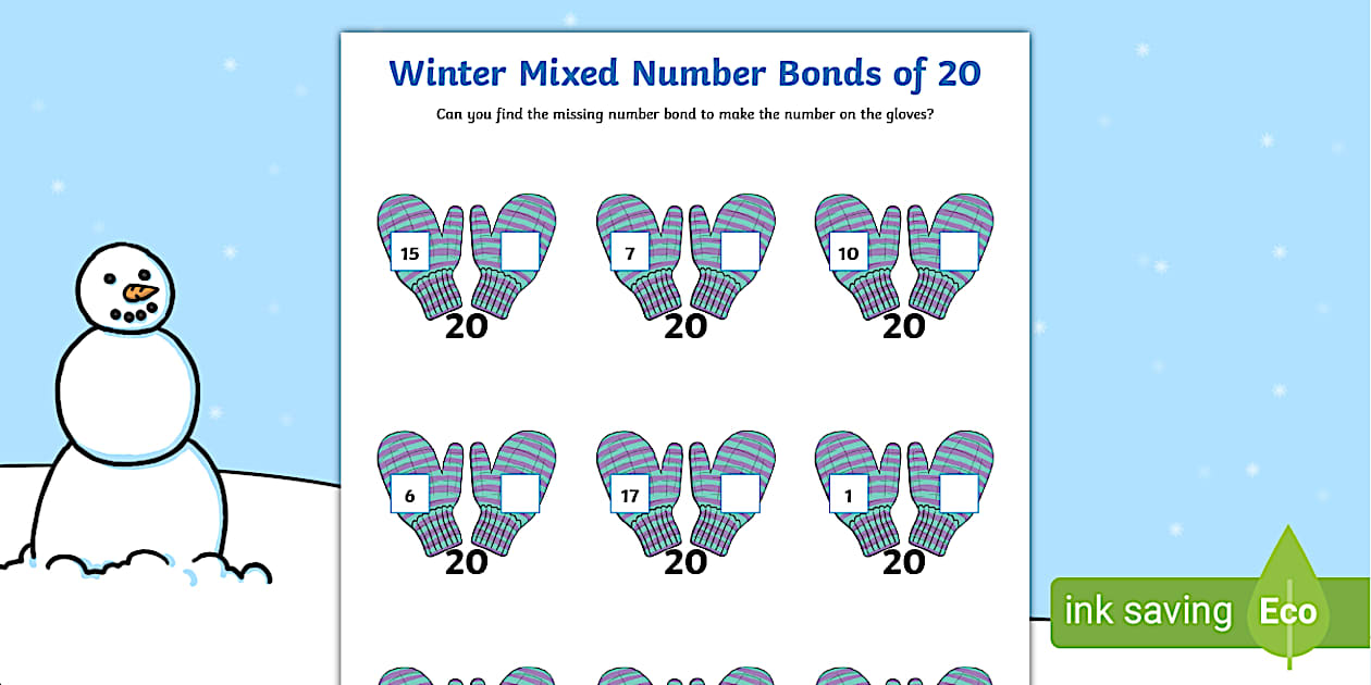 Winter-Themed Mixed Number Bonds to 20 Worksheet / Worksheet