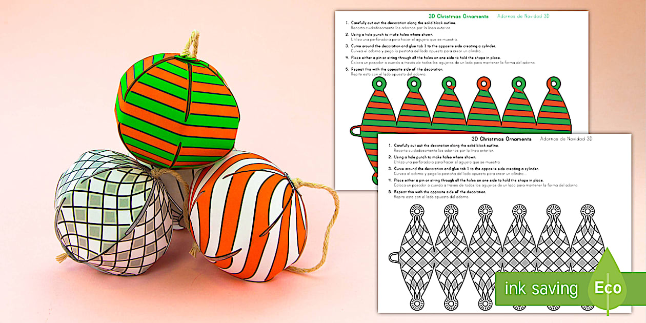 Black and White Simple 3D Christmas Ornament Paper Craft English/Spanish