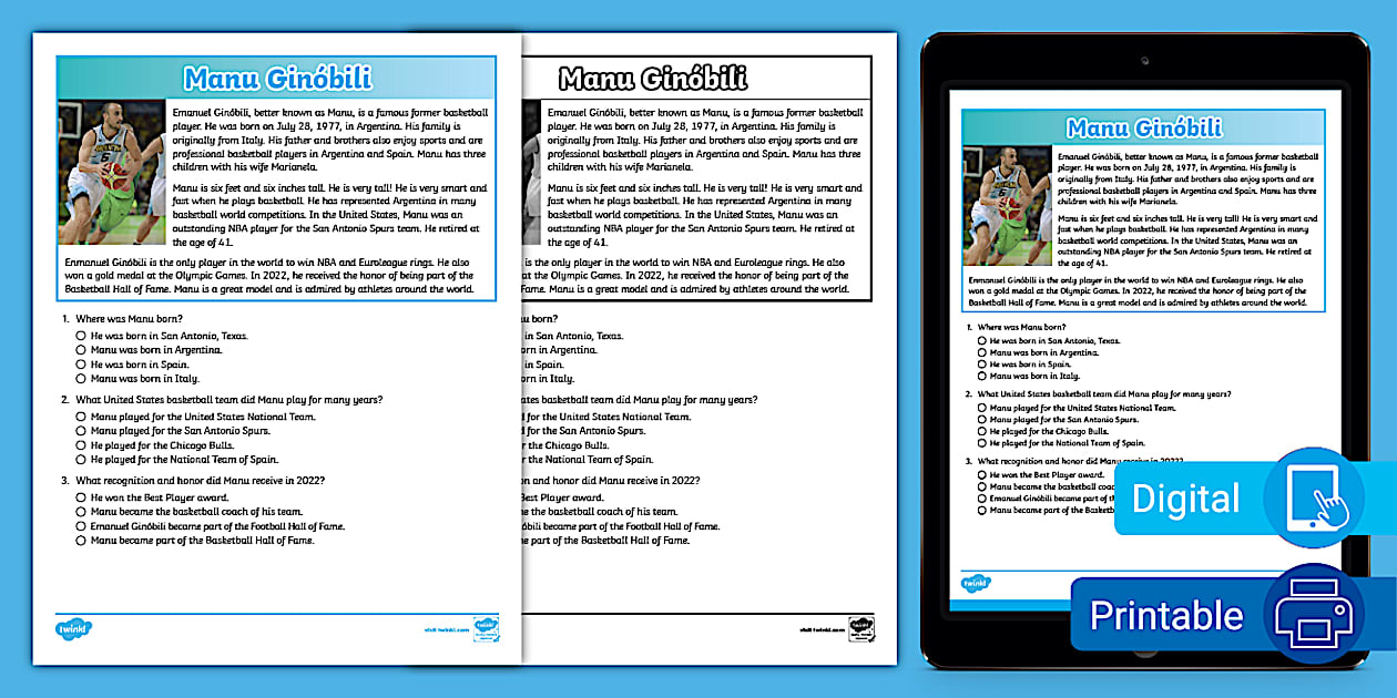 Fourth Grade Manu Ginobili Reading Comprehension Passage