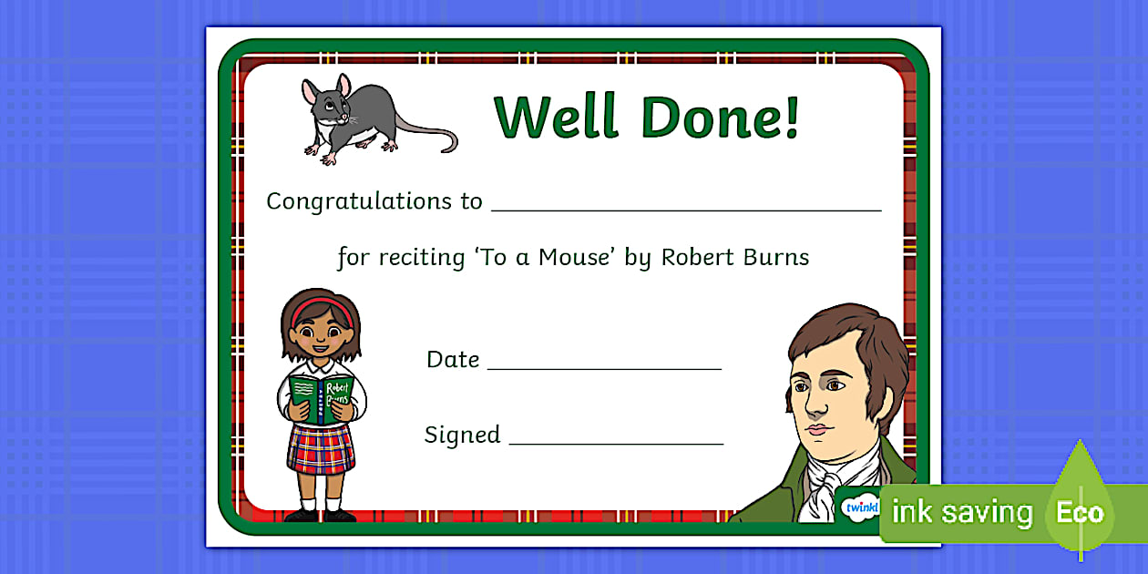 Robert Burns To A Mouse Certificate (teacher made) - Twinkl