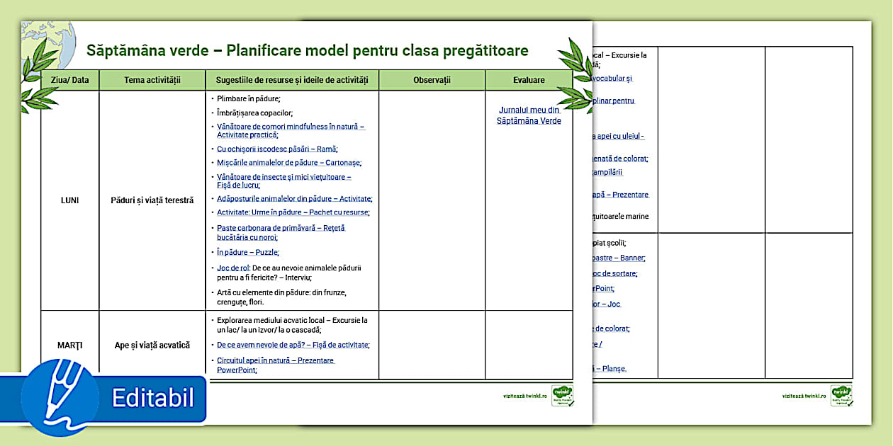 Săptămâna verde – Planificare model clasa pregătitoare