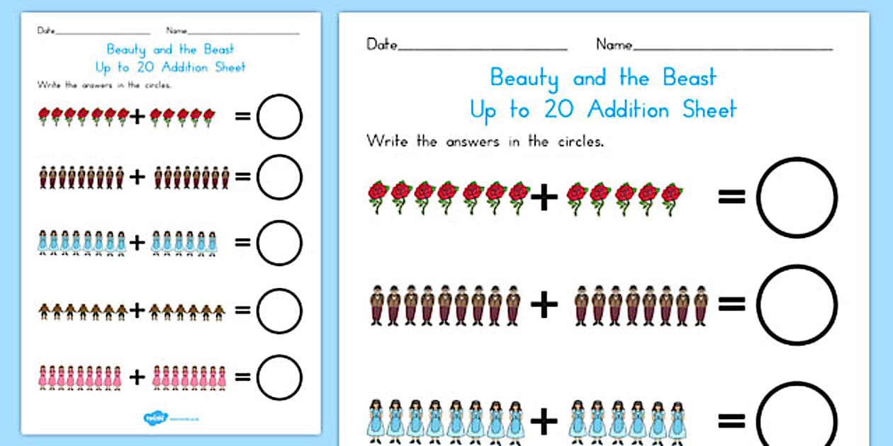 Beauty and the Beast Up to 20 Addition Sheet (teacher made)
