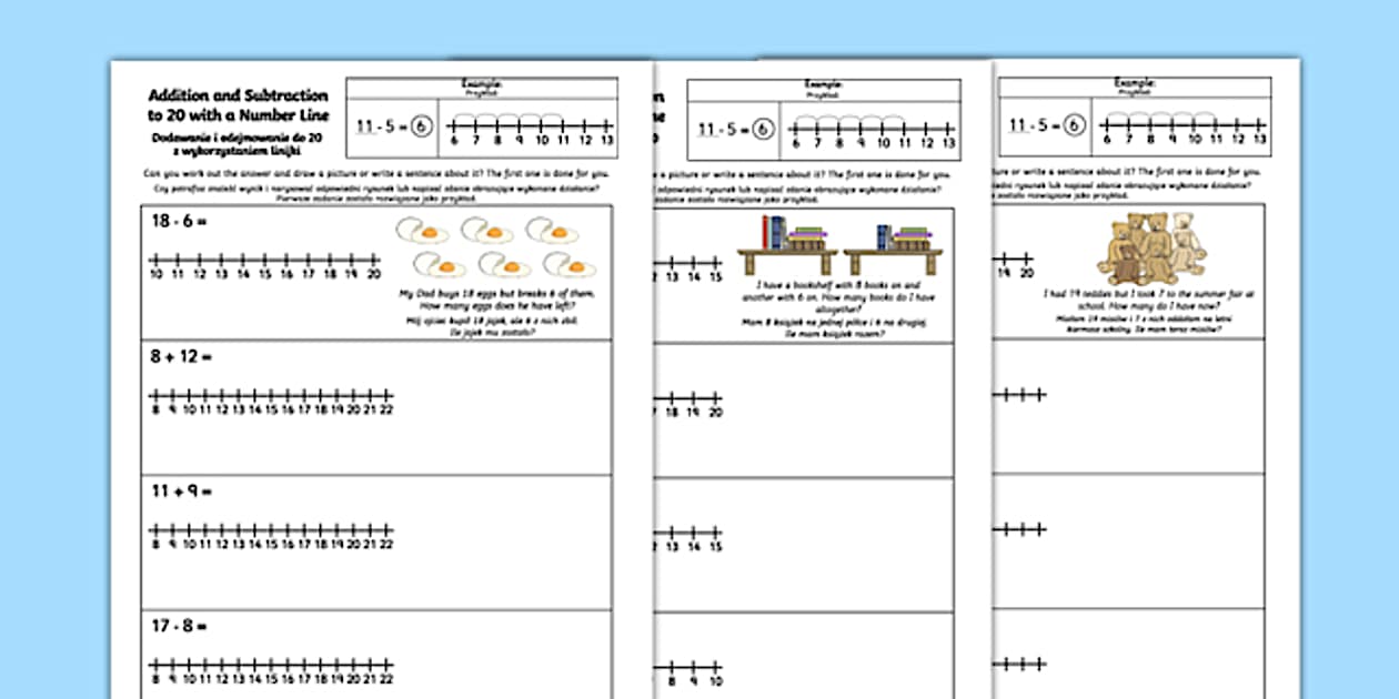 Lower Ability Addition and Subtraction to 20 with a Number Line Worksheet
