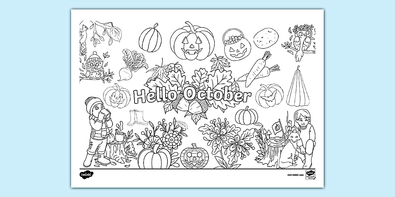 Hello October Colouring Page - Twinkl - KS1 (Teacher-Made)