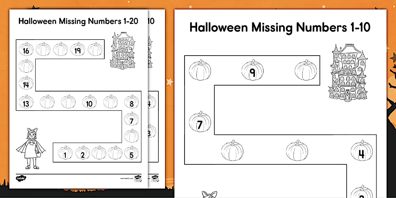 Halloween Missing Numbers to 10 and 20 Worksheet - Twinkl