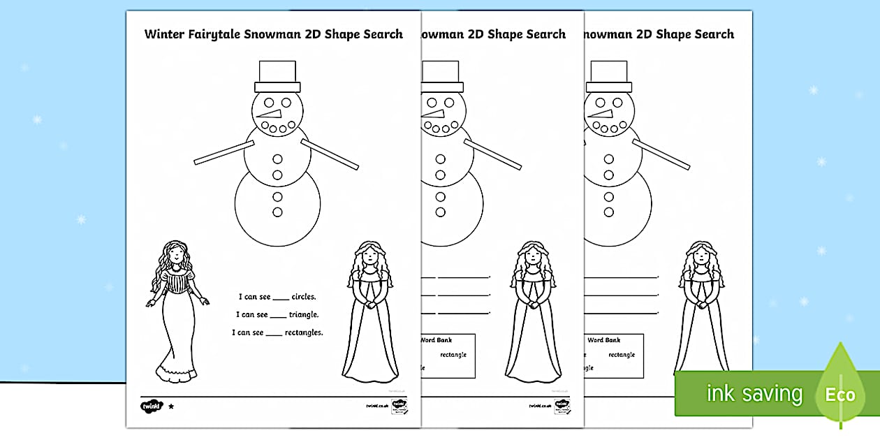 Higher Ability Winter Fairytale Snowman 2D Shape Search Worksheet