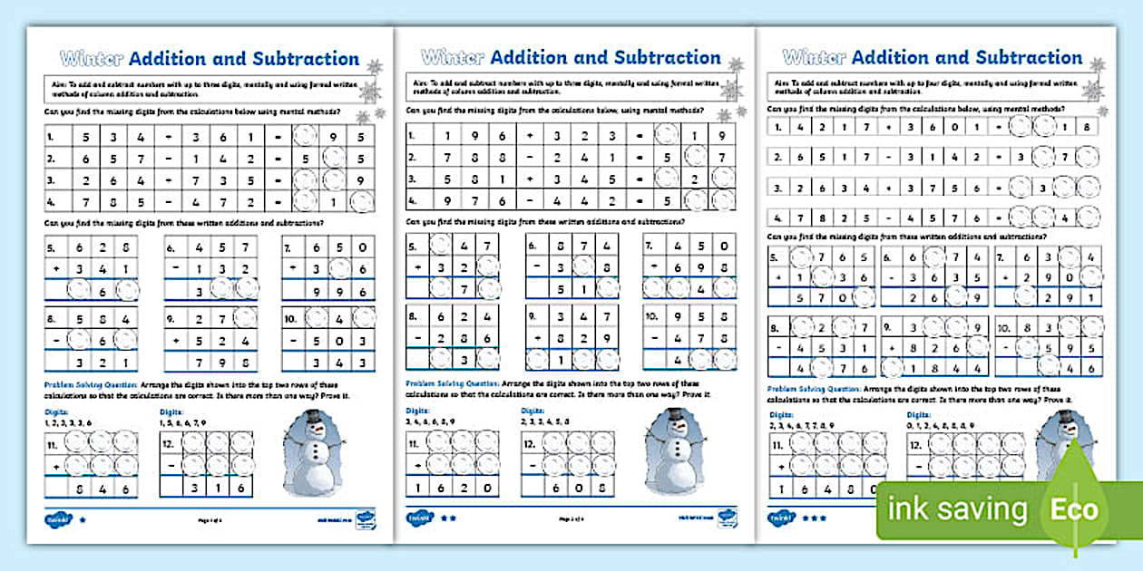 👉 Winter Missing Digit Addition and Subtraction Activity Sheet