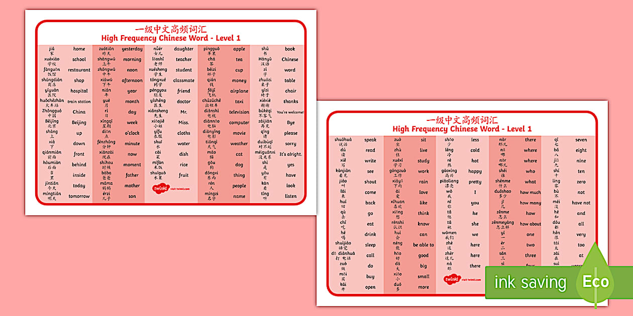 High Frequency Chinese Word Level 1 Word Mat English/Mandarin Chinese ...