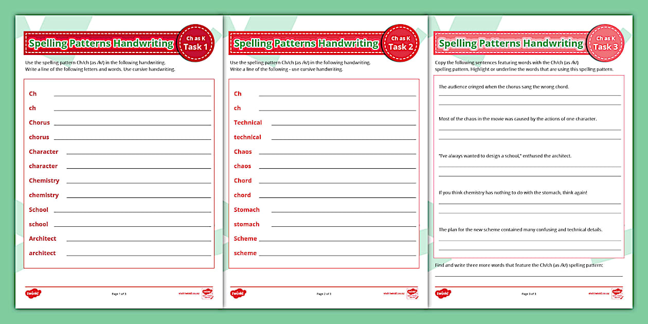 Year 7-8 Ch/ch (as /k/) Spelling Patterns Handwriting Activity