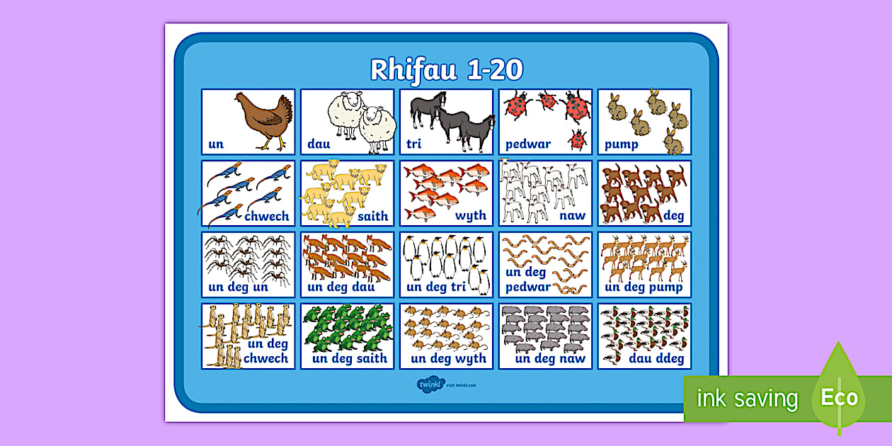 Count up to 20 in Welsh | Animal Poster | Twinkl Resources
