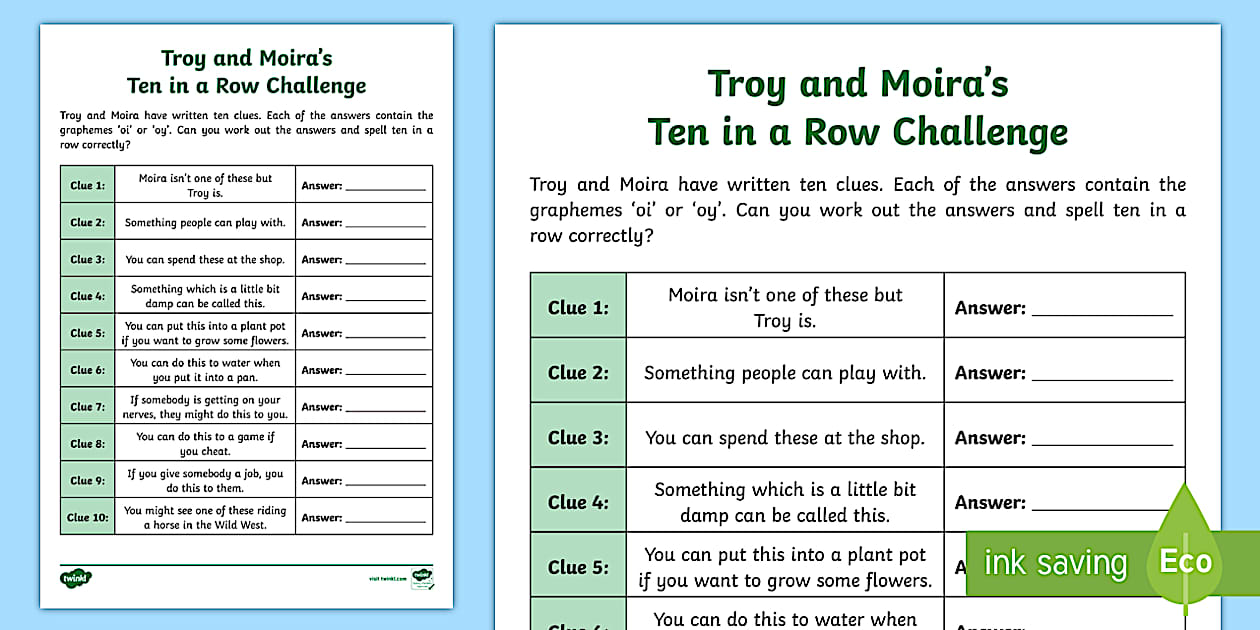Cursive Troy and Moira 'oy' and 'oi' Ten in a Row Worksheet