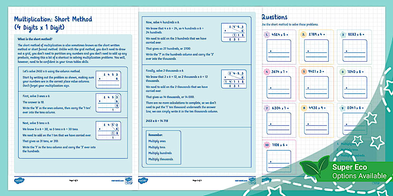 Multiplication: Short Method (4 Digits x 1 Digit) - Twinkl