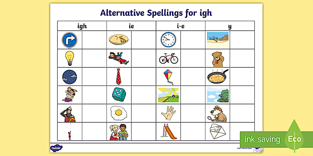 Alternative Spellings igh ie i-e y Table Worksheet - Twinkl