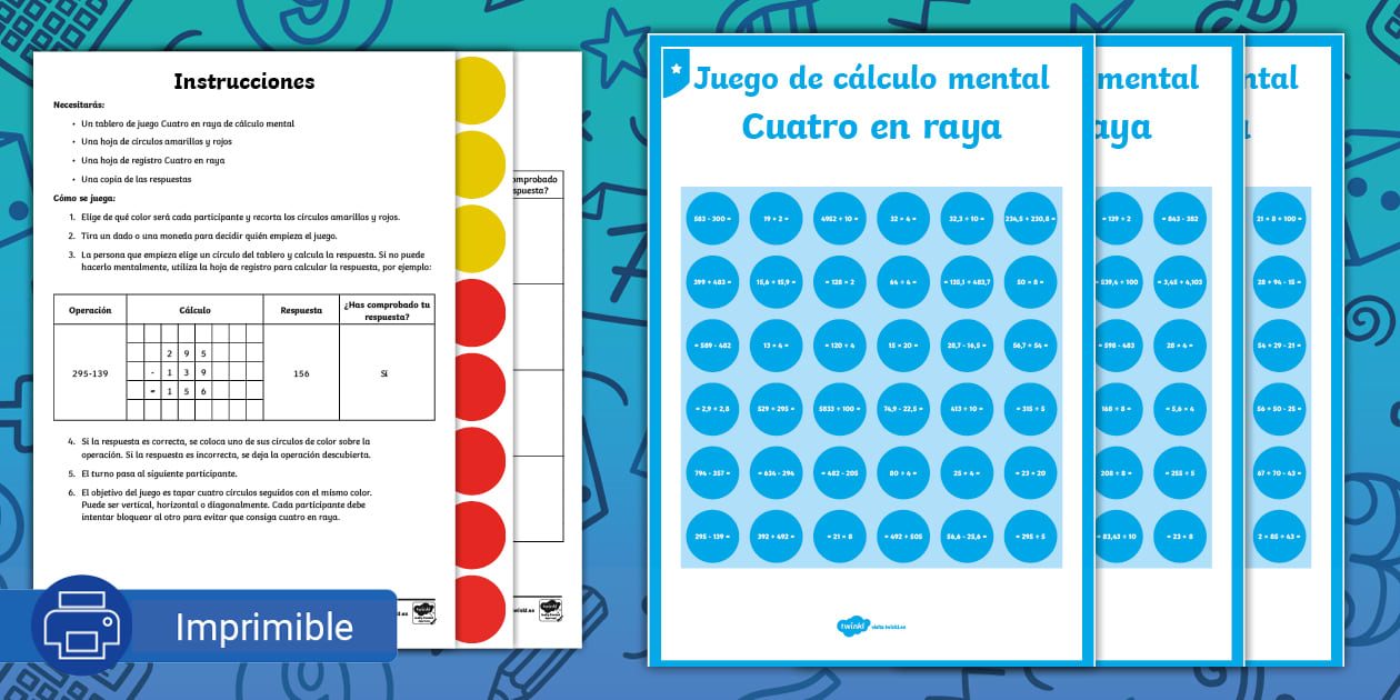 Juego de mesa por niveles: Cuatro en raya - Cálculo mental