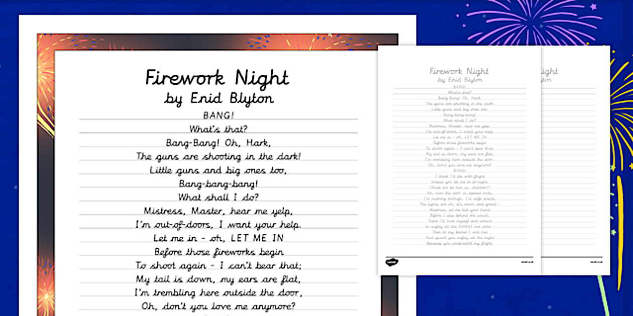 Editable Firework Night by Enid Blyton Poem Handwriting Practice
