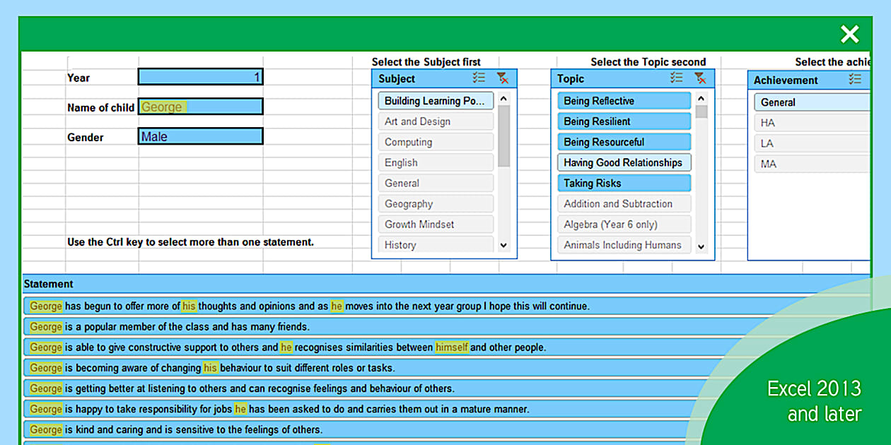 Report Writing Bank of Statements - Year 1-6 - All Subjects