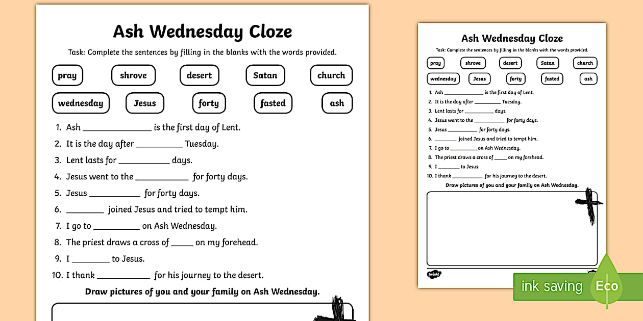 Editable Ash Wednesday Cloze Worksheet (teacher made)