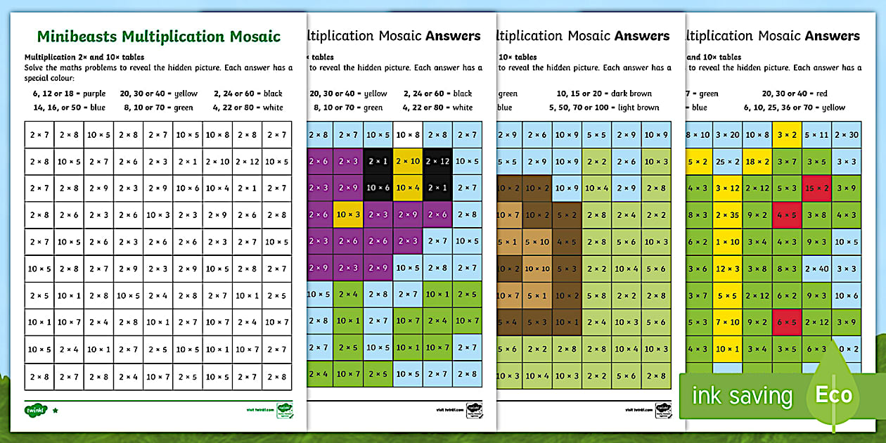 KS1 Minibeasts Times Tables Maths Mosaics Differentiated Worksheets