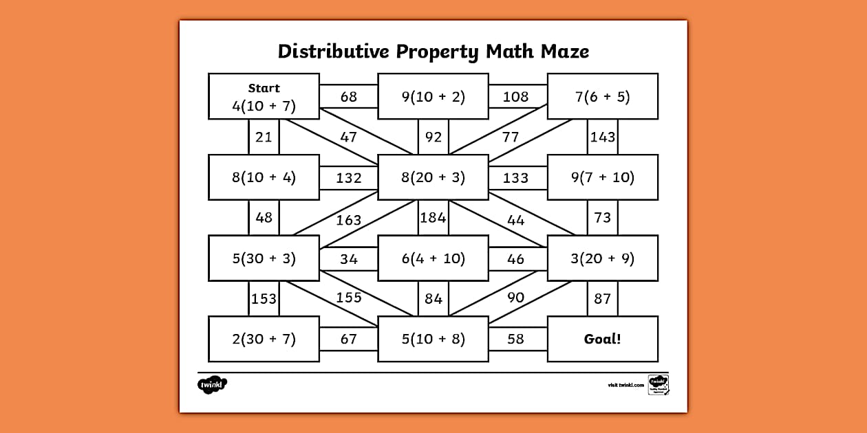 Third Grade Distributive Property Math Maze Worksheet