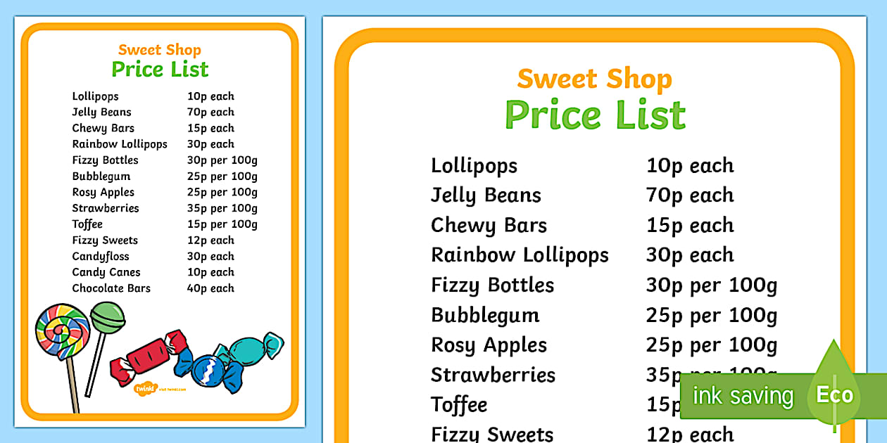 Editable Sweet Shop Role Play Price List Poster - Twinkl