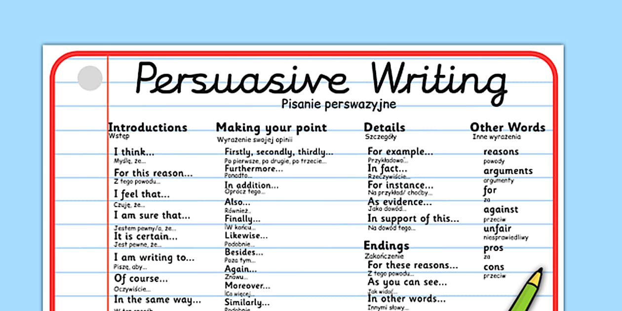 Persuasive Writing Word Mat Polish Translation - Twinkl