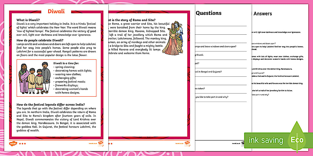 First Level Diwali Differentiated Reading Comprehension Activity