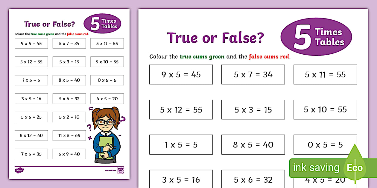 True or False 5 Times Tables Activity Sheet - Twinkl