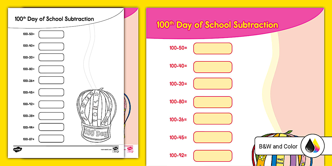 100th Day of School Subtraction Worksheet | Twinkl USA