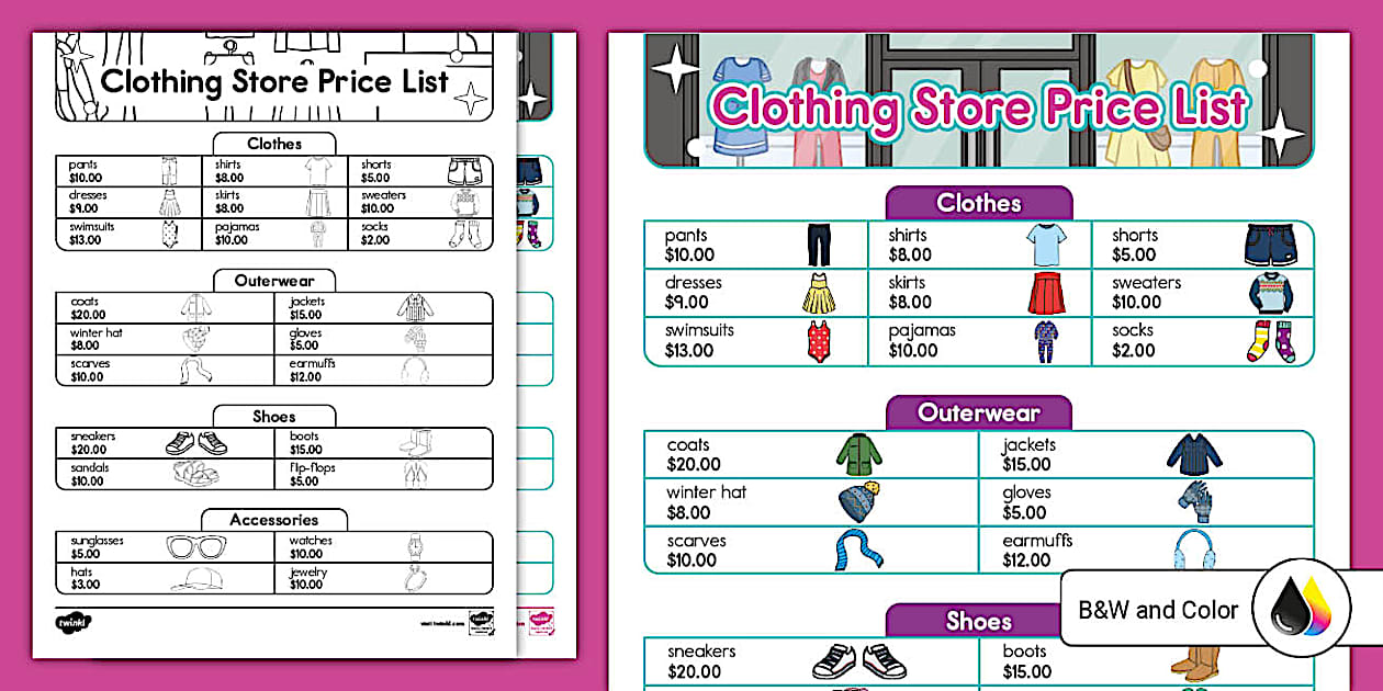 Clothing Store Dramatic Play Price List Sign