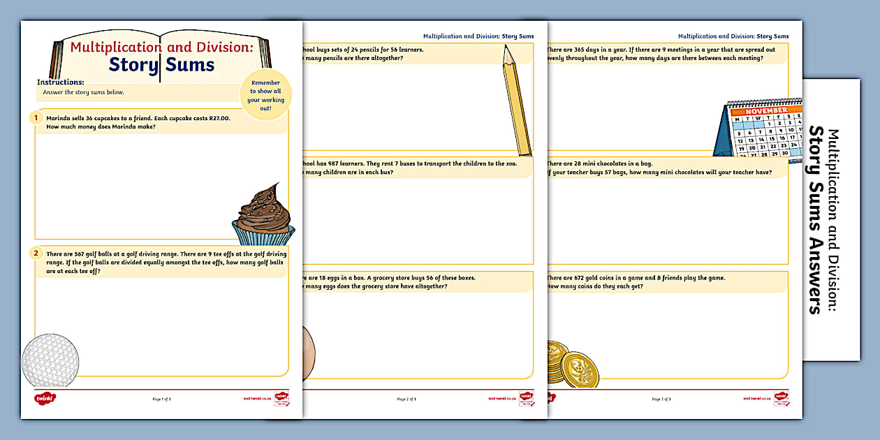 Grade 4 Multiplication and Division Story Sums Activity Sheet