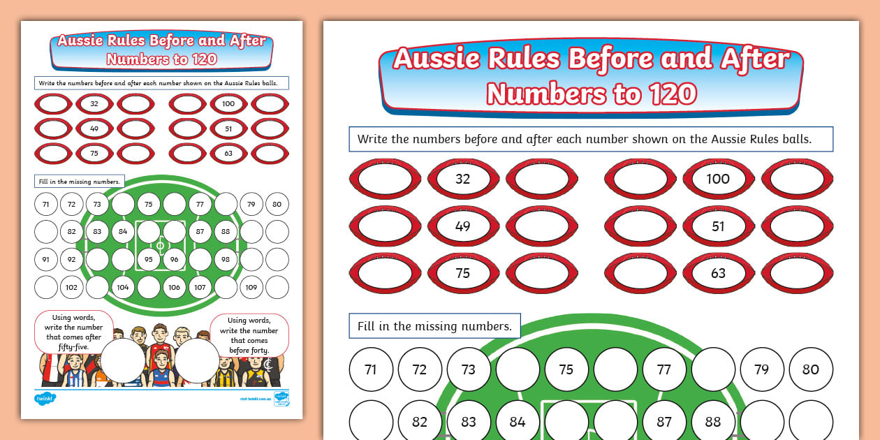 Aussie Rules Before and After Numbers to 120 - Twinkl