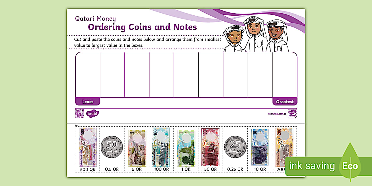Qatari Money - Ordering Coins and Notes Activity - Twinkl