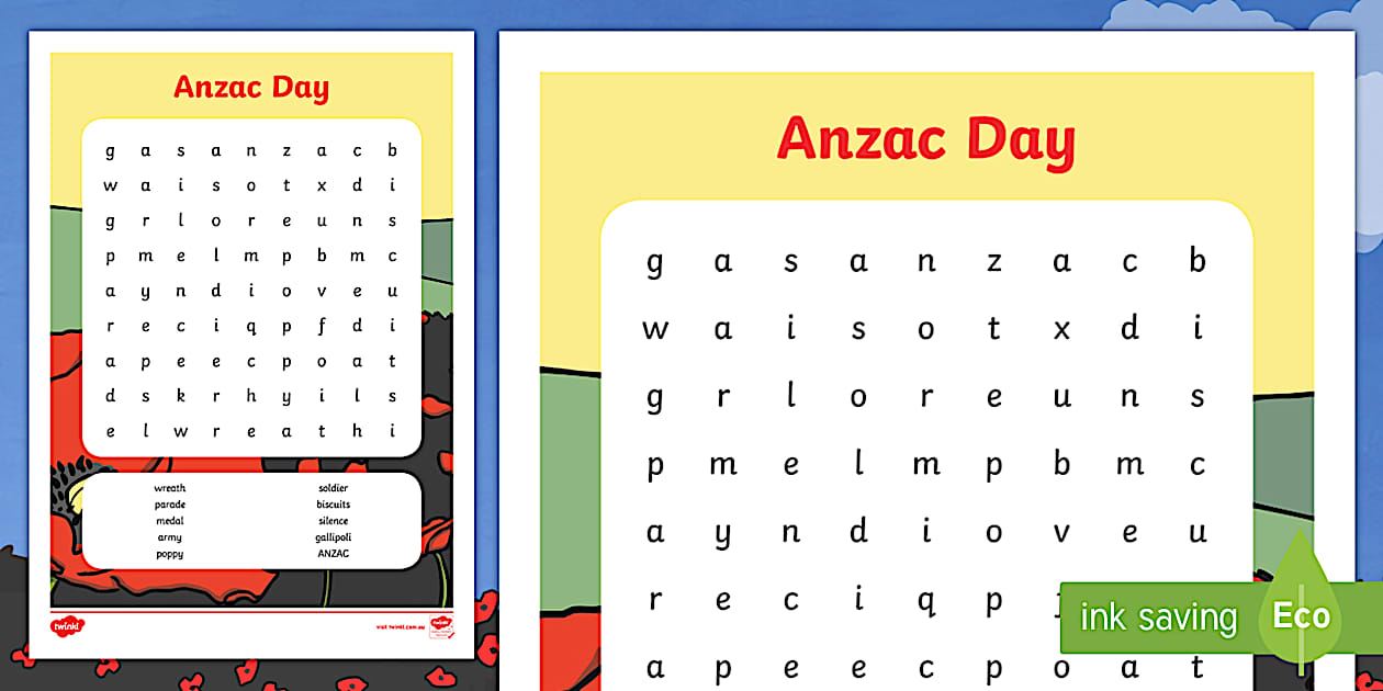 Black and White Anzac Day Word Search F-2 (teacher made)