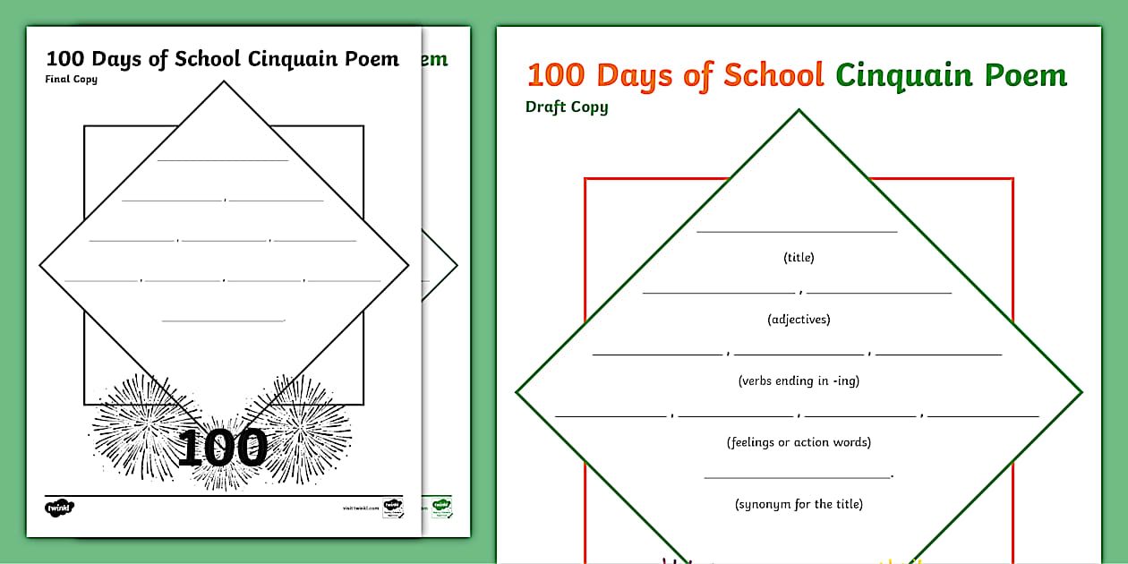 100th Day: Cinquain Poem Worksheet (teacher made) - Twinkl