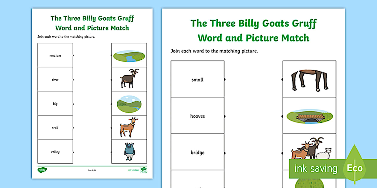 Cursive The Three Billy Goats Gruff Word and Picture Match