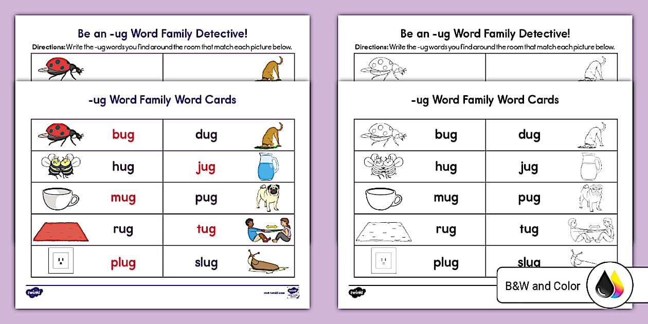 -ug Word Family Read and Write the Room Worksheet - Twinkl