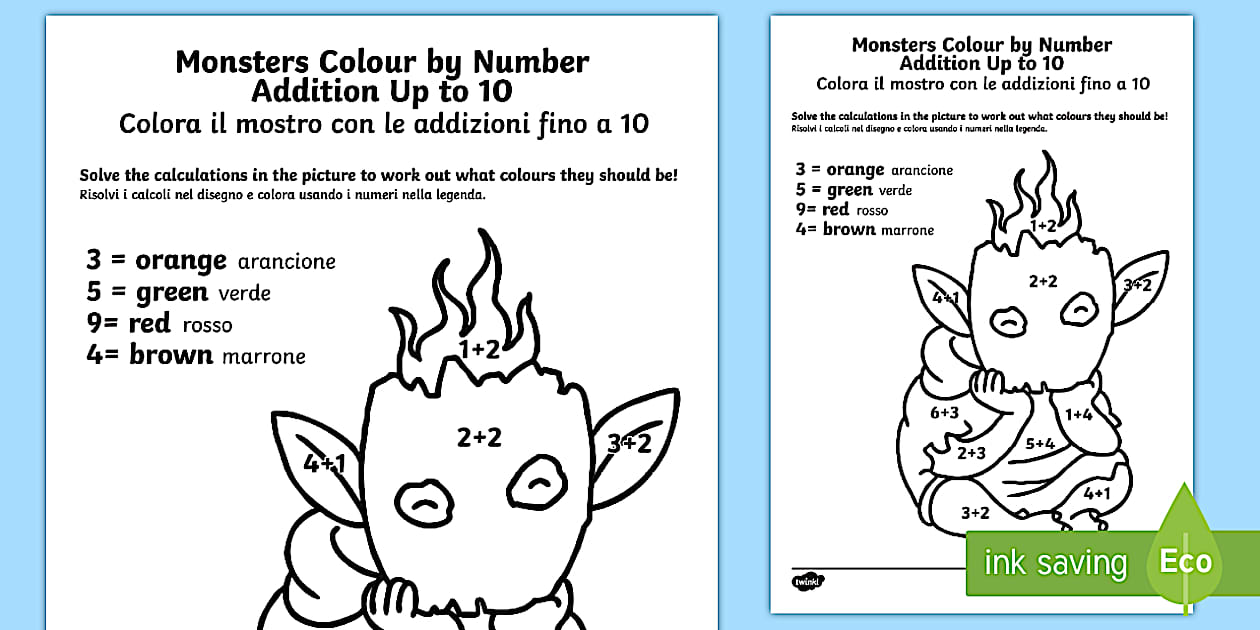 Monster Colour by Number Addition to 10 English/Italian