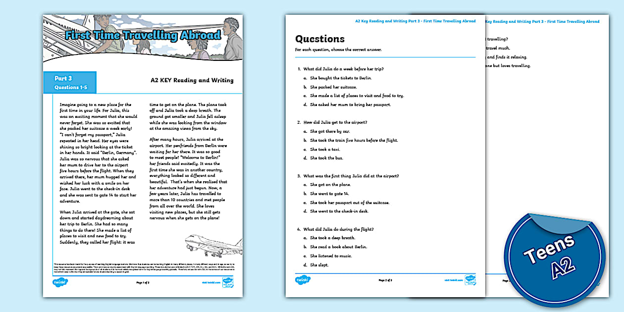 A2 KEY Reading & Writing Part 3 FTravelling Abroad Practice