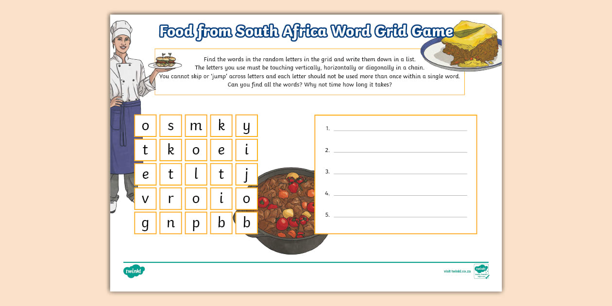 Food from South Africa Word Grid Game (teacher made)