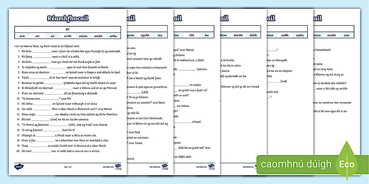 Réamhfhocail Practise Worksheets | Réamhfhocal Examples