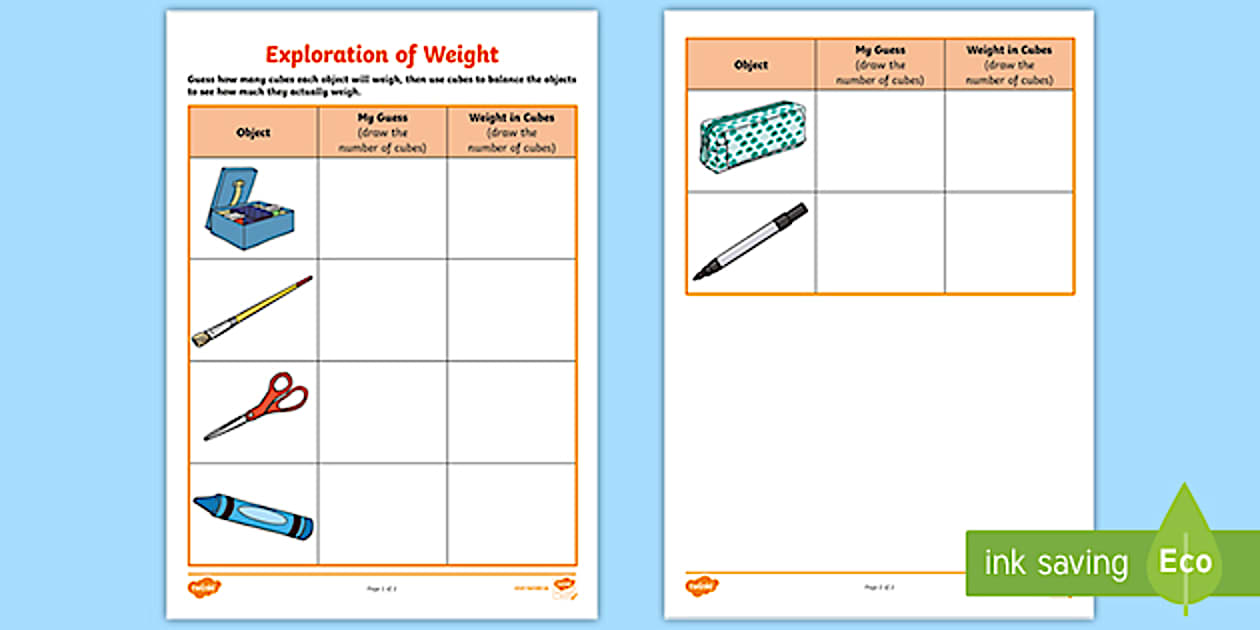 Exploration Of Weight Non-Standard Units Senior Infants Worksheet