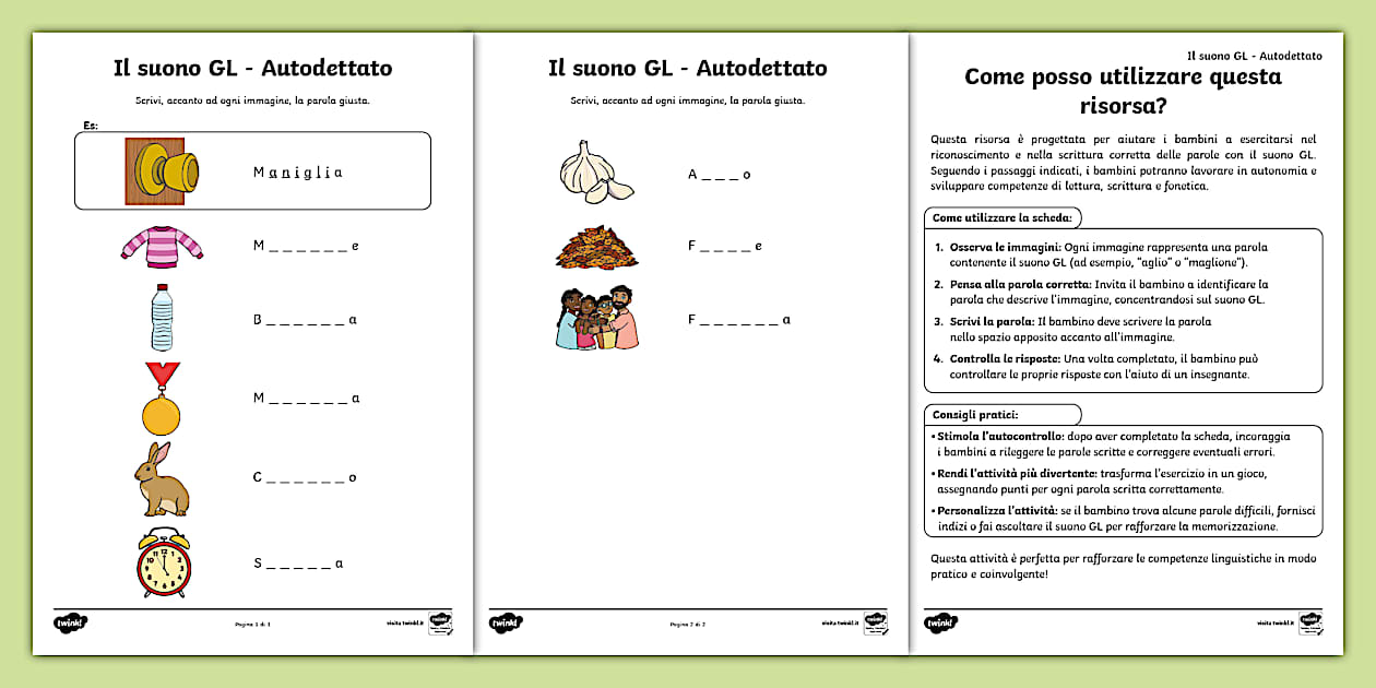 Autodettato: parole con GL (teacher made) - Twinkl