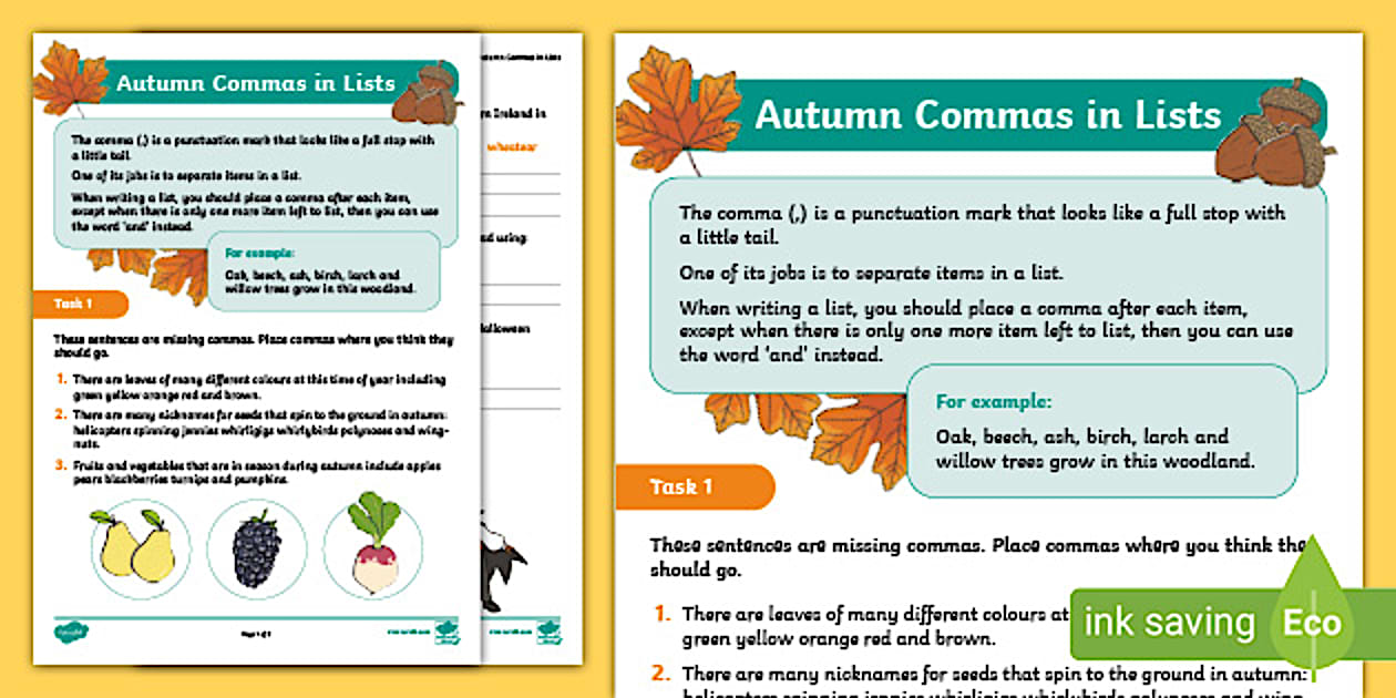 Commas in Lists Activity Sheets Autumn (teacher made)