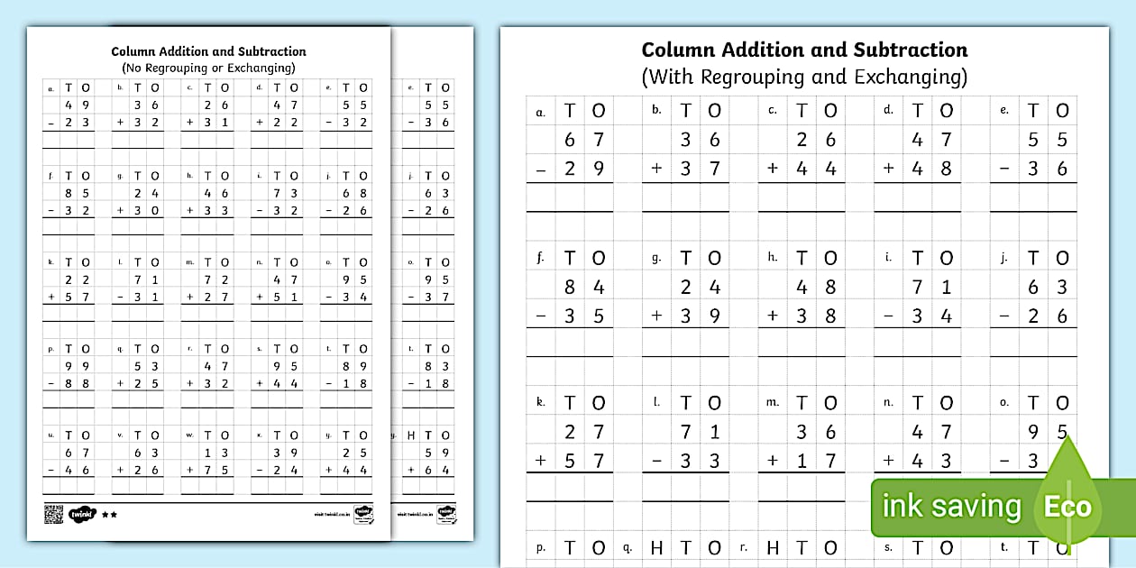 Maths-2-Digit Column Addition and Subtraction Worksheet